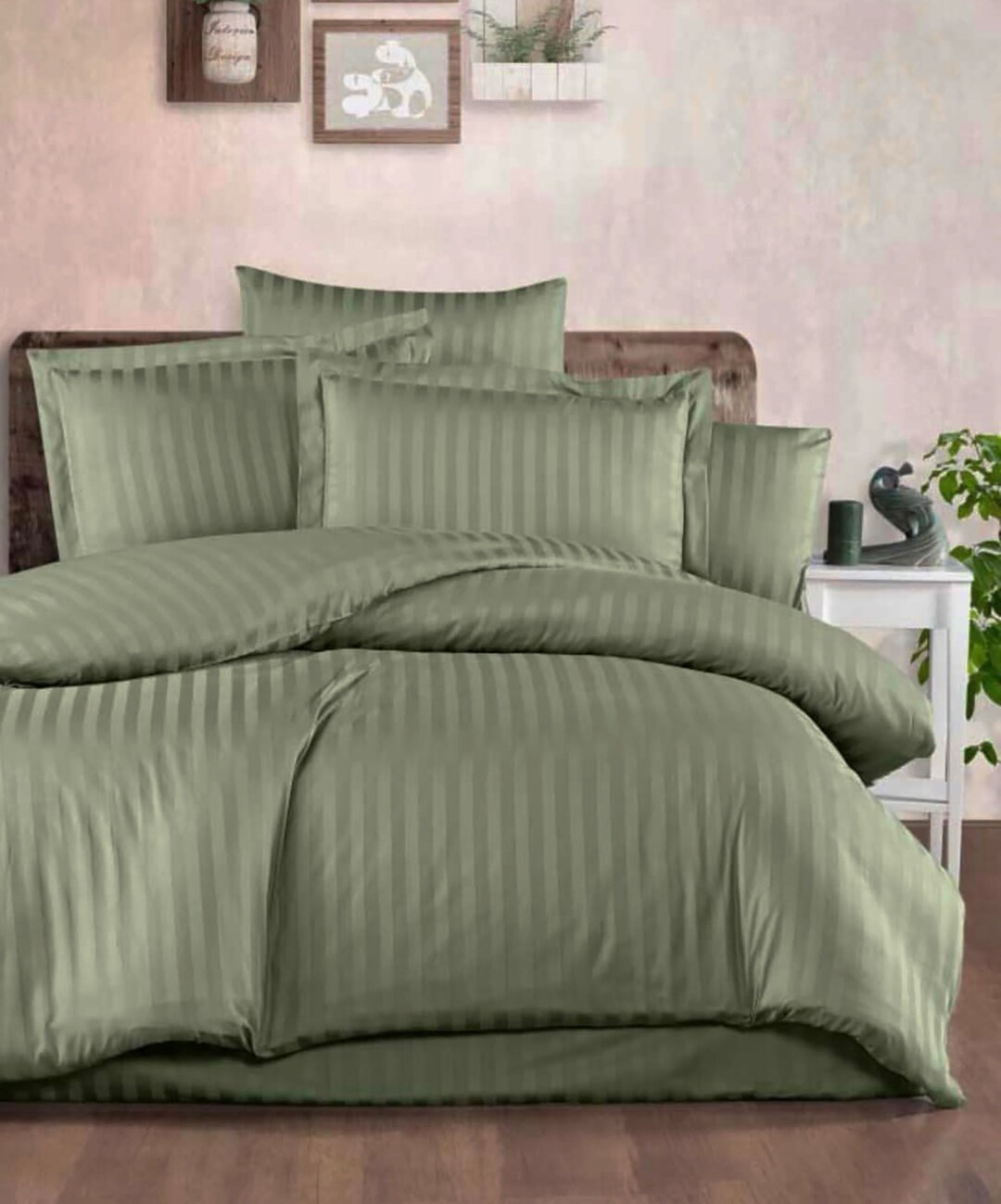 Olive Green Satin Bedding Set, Modern Duvet Cover/ 2 Pillowcases, Pima ...