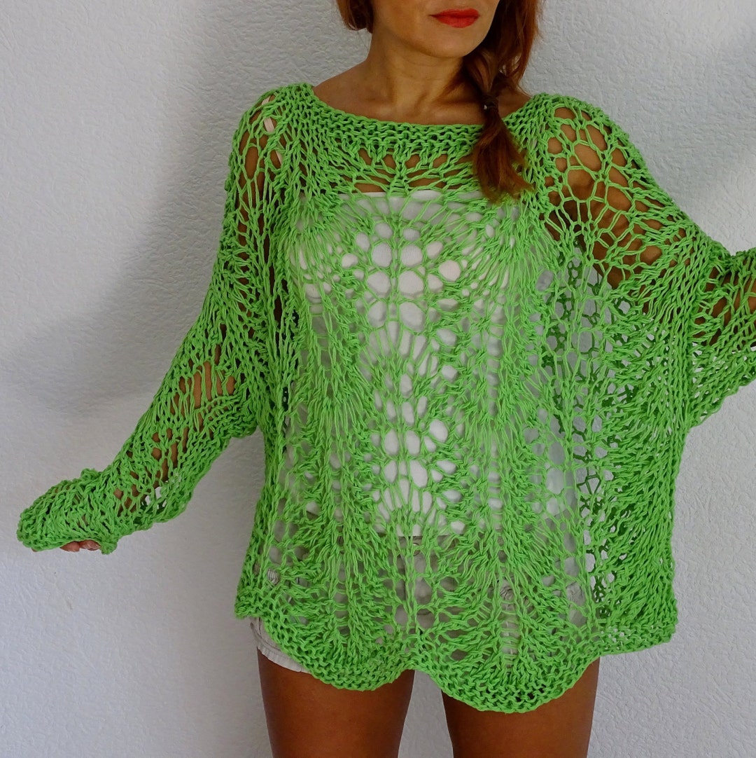 Spring Green Sweater, Boho Style Lace Loose Knit Sweater Tunic Top ...