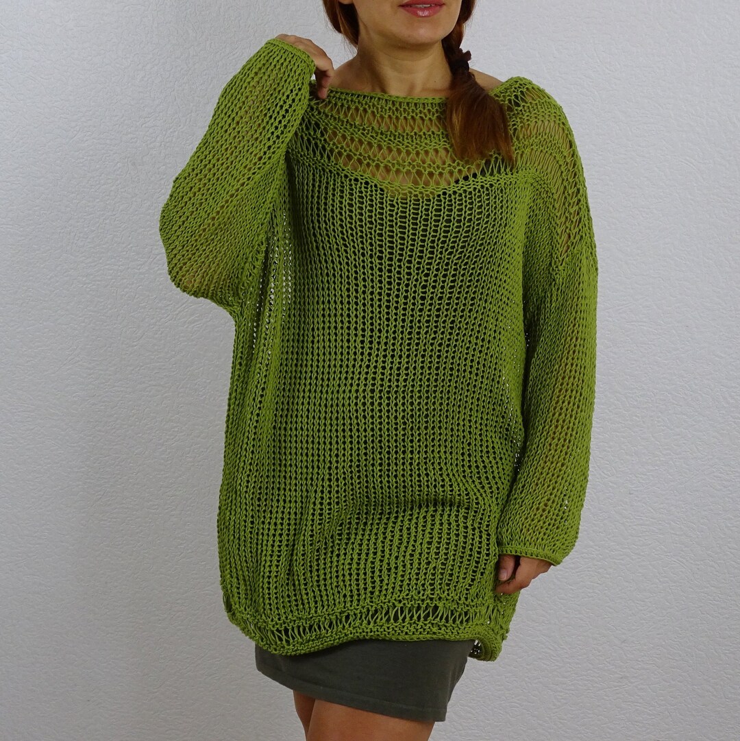 Apple Green Sweater Sheer Mesh Tunic Loose Knit Oversized Long Sweater ...
