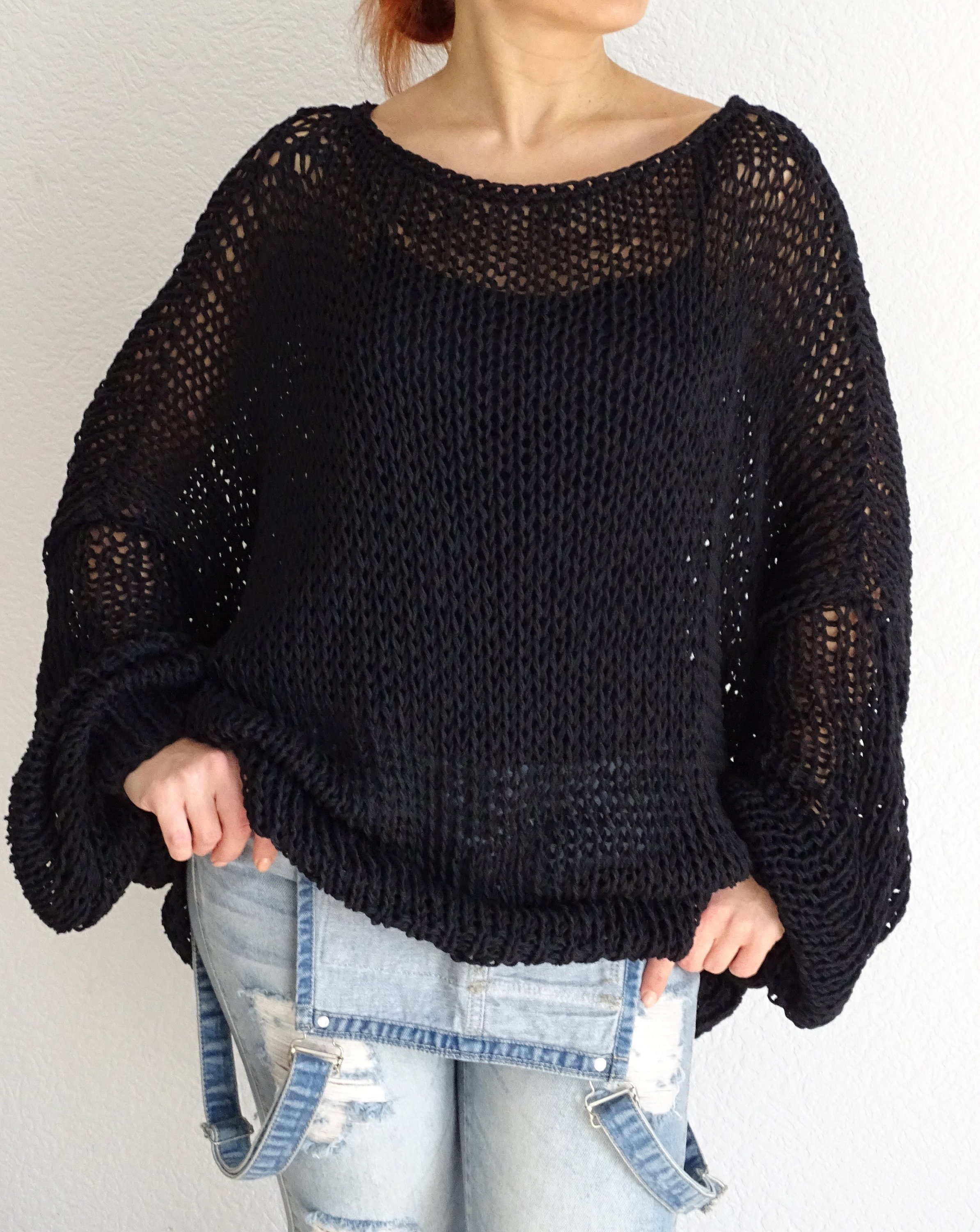 Deep Black Sweater, Loose Knit Boho Style Tunic Sweater Deep Black Sweater, Loose Knit Boho Style Tunic Sweater