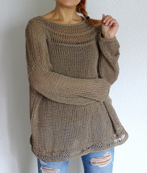 Brown Khaki Sheer Mesh Sweater, Loose Knit Oversized Cotton Brown Khaki Sheer Mesh Sweater, Loose Knit Oversized Cotton