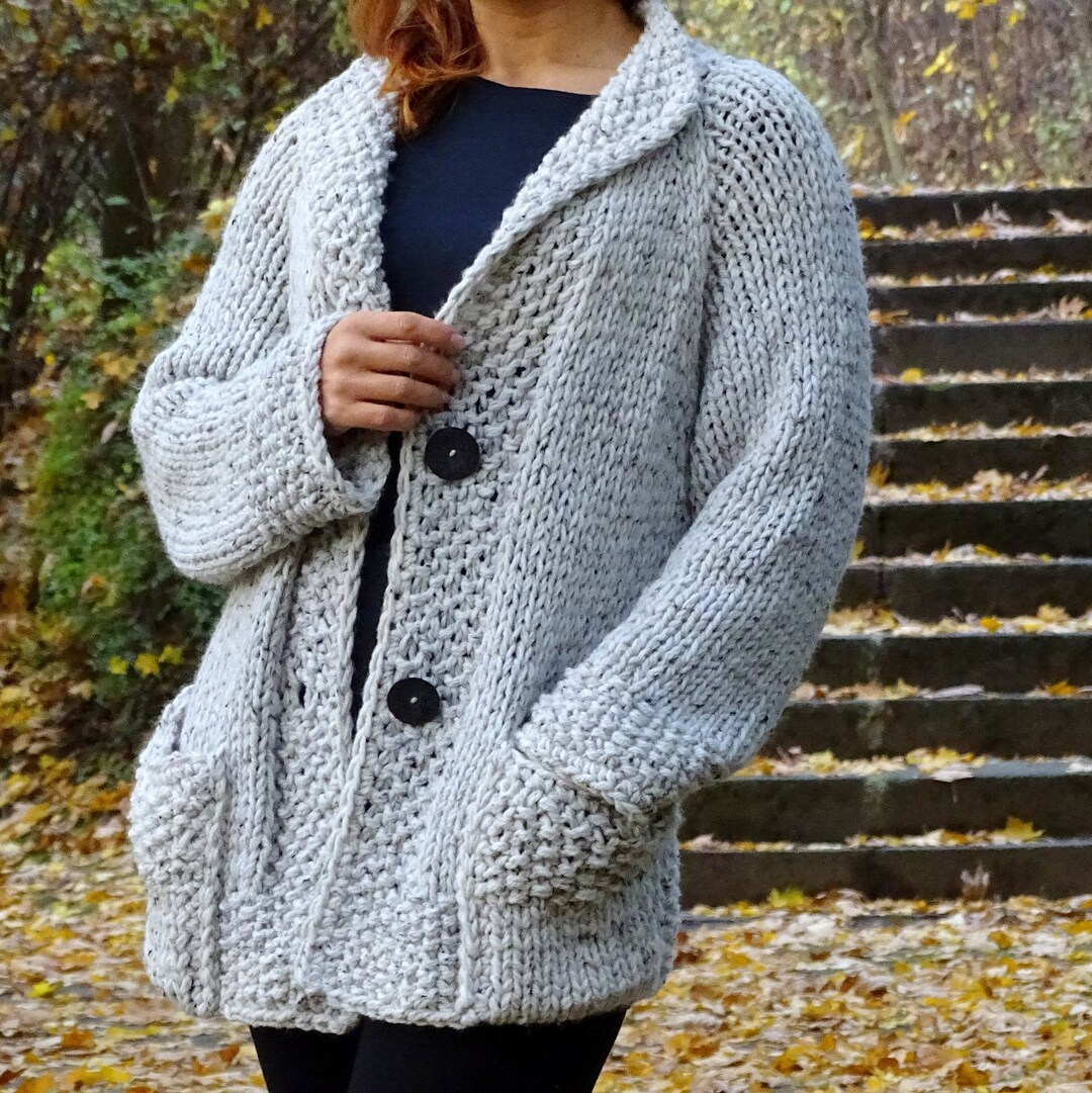 Hand Knitted Tweed Wool Bulky Cardigan, Pocket Cardigan Sweater, off ...
