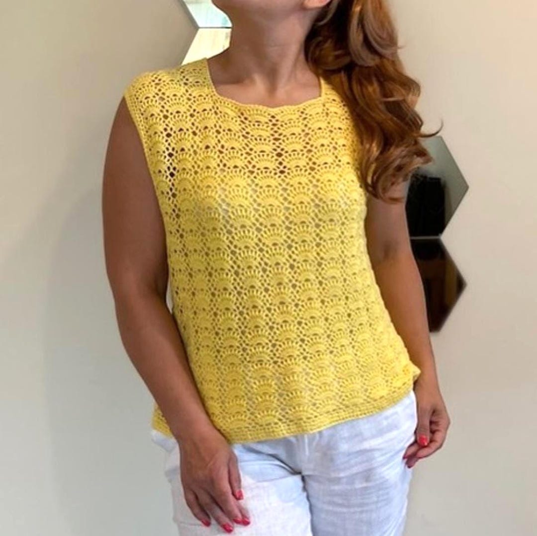Hand Crocheted Lemon Yellow Cotton Top Lightweight Summer Lace Blouse ...