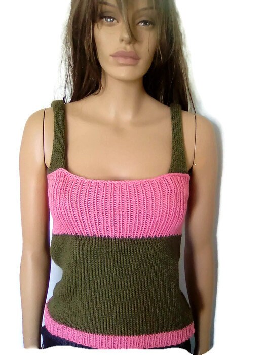 Knitted Cute Green and Pink Top, Shoulder Straps Top, Original Design ...