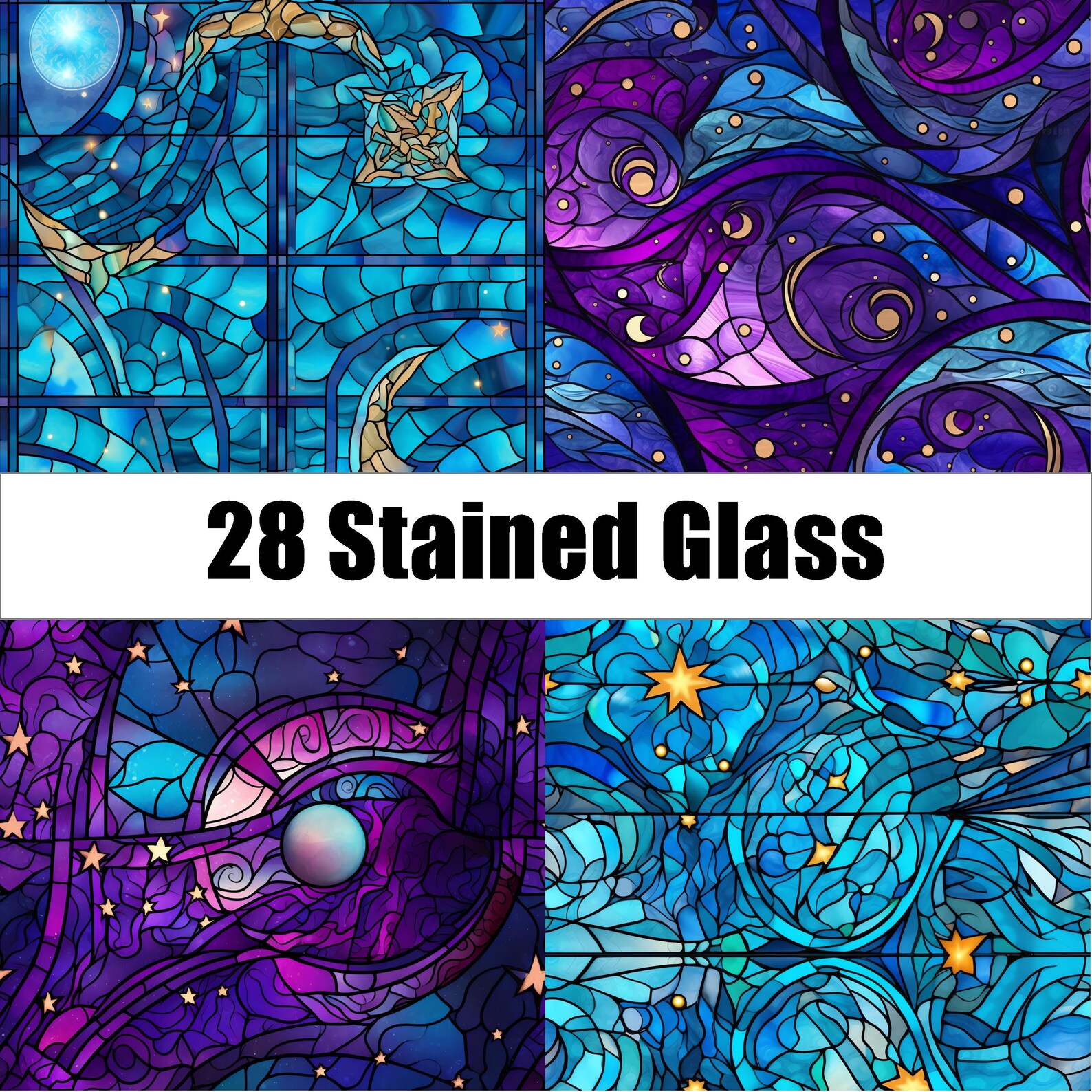 28 Celestial Stained Glass Seamless Patterns - Digital Paper Pack for ...