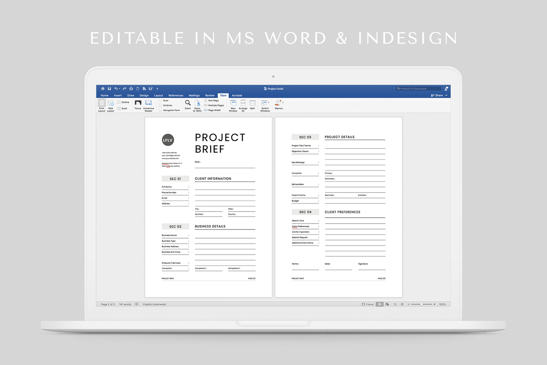 Project Brief Template Microsoft Word & Adobe Indesign - Etsy