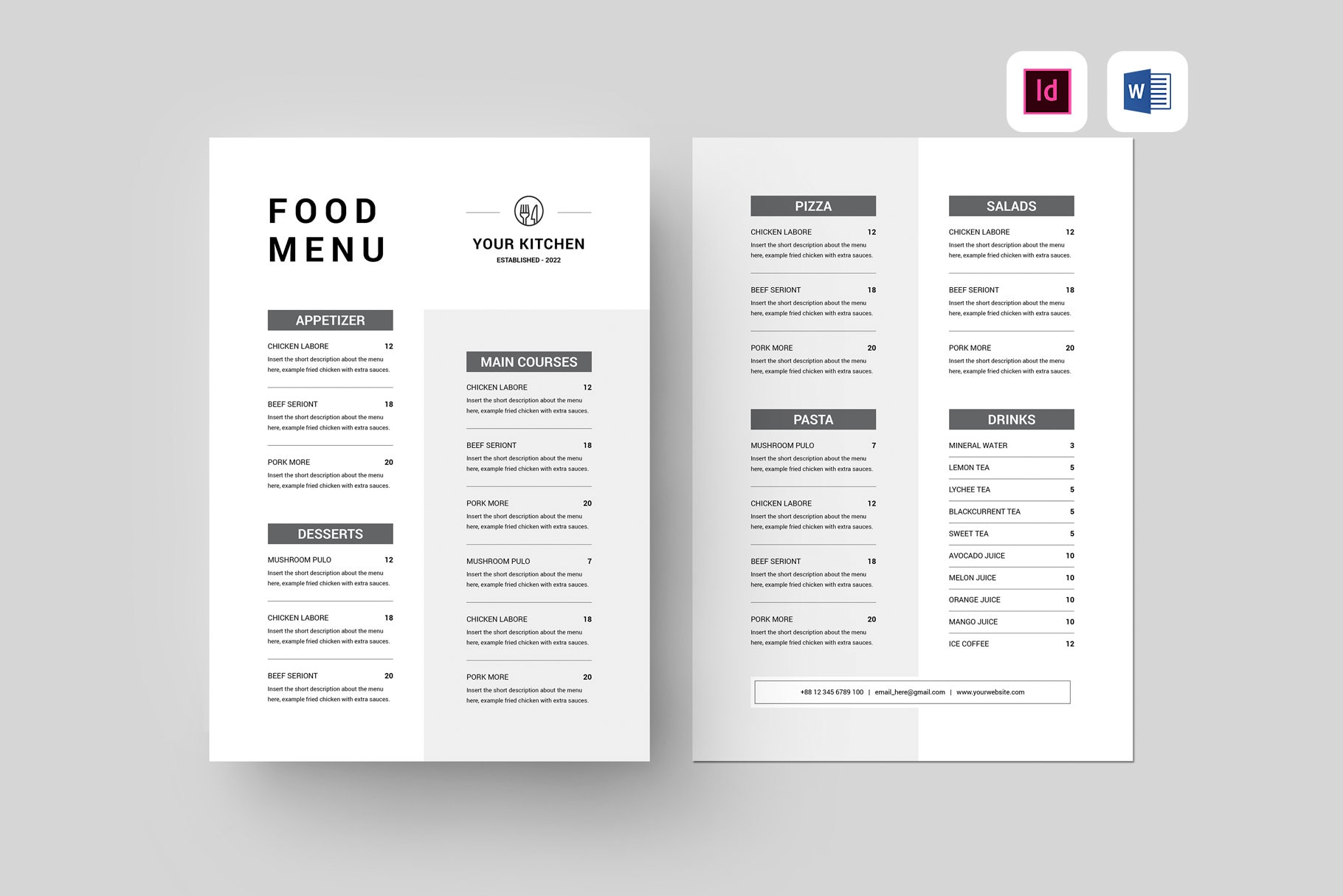 Food Menu Template MS Word Template Printable Restaurant - Etsy UK