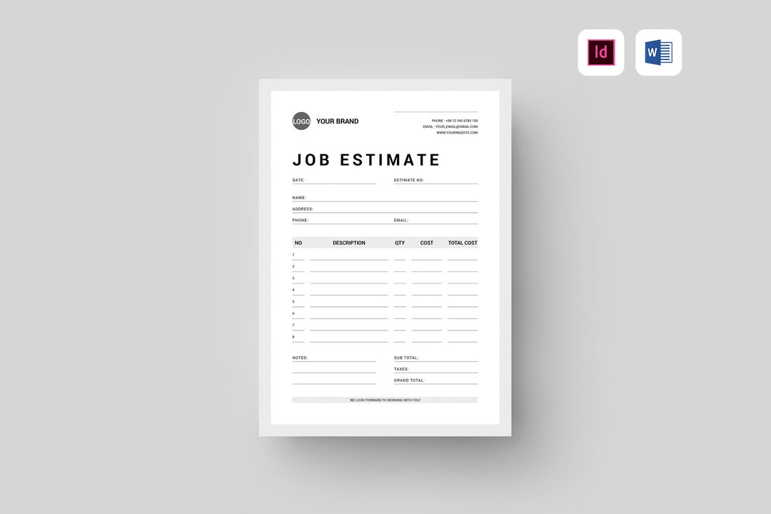 Job Estimate Template MS Word Template Indesign Template Etsy Job Estimate Template MS Word Template Indesign Template Etsy