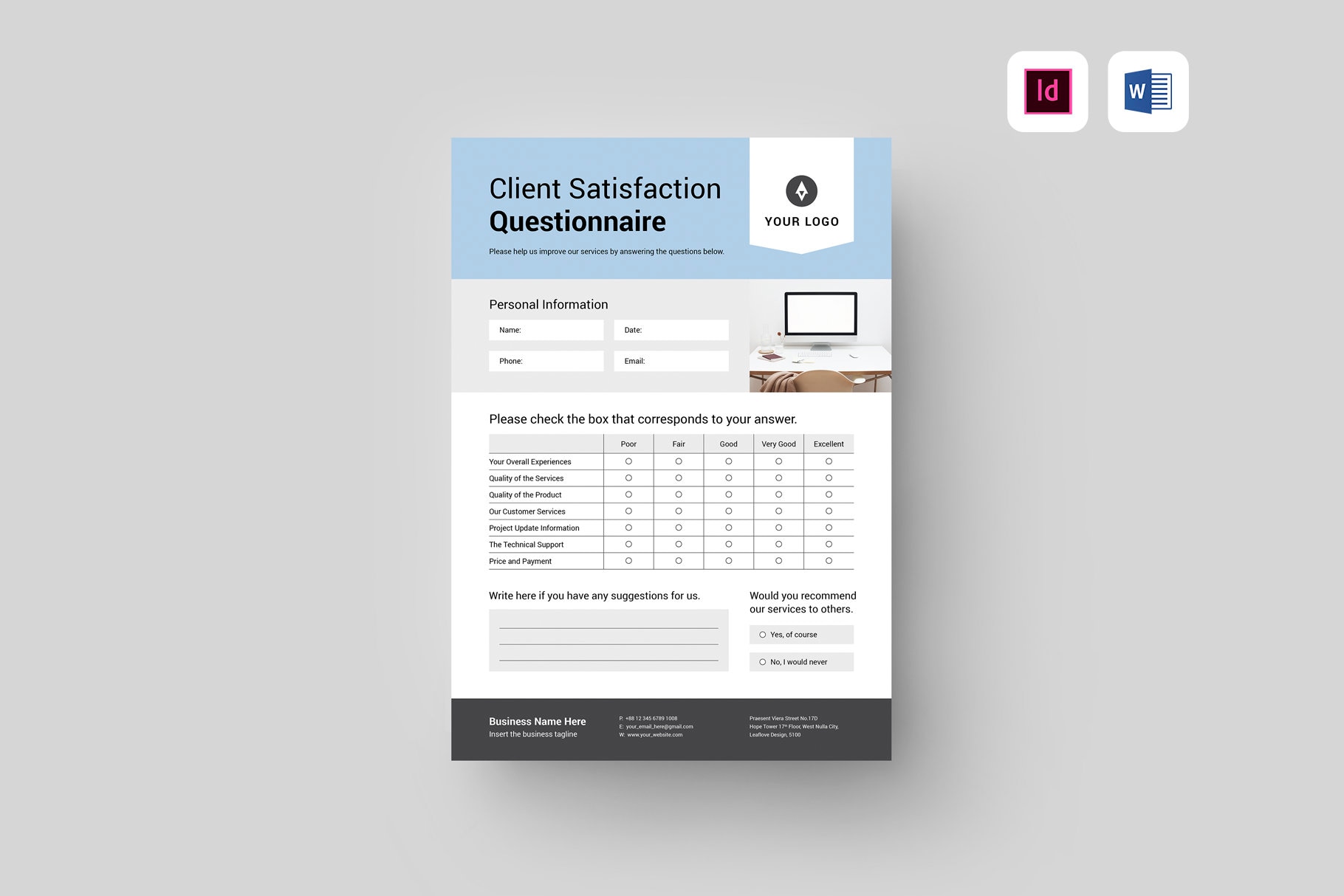 Client Satisfaction Questionnaire Template MS Word Template Client ...