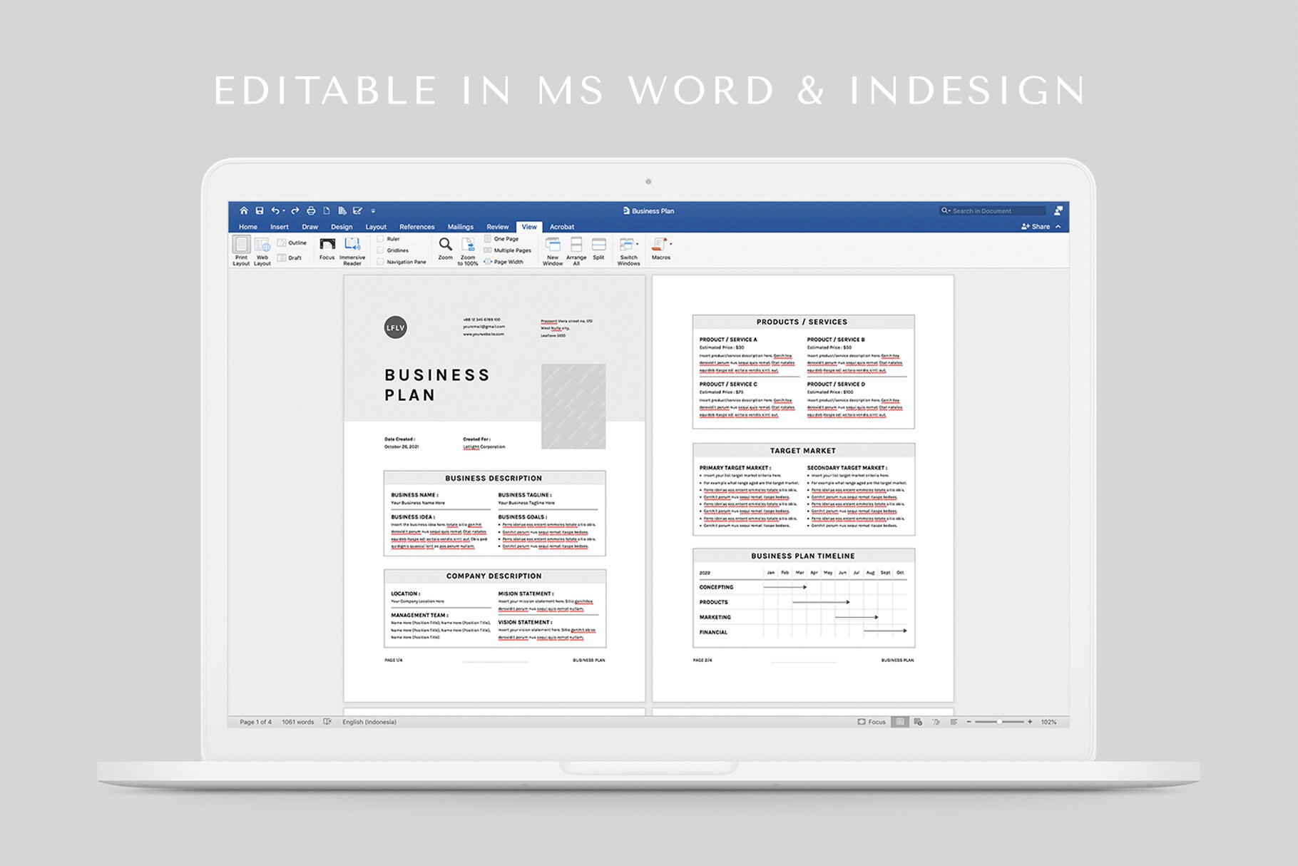 Business Plan Template Editable MS Word Template Indesign | Etsy