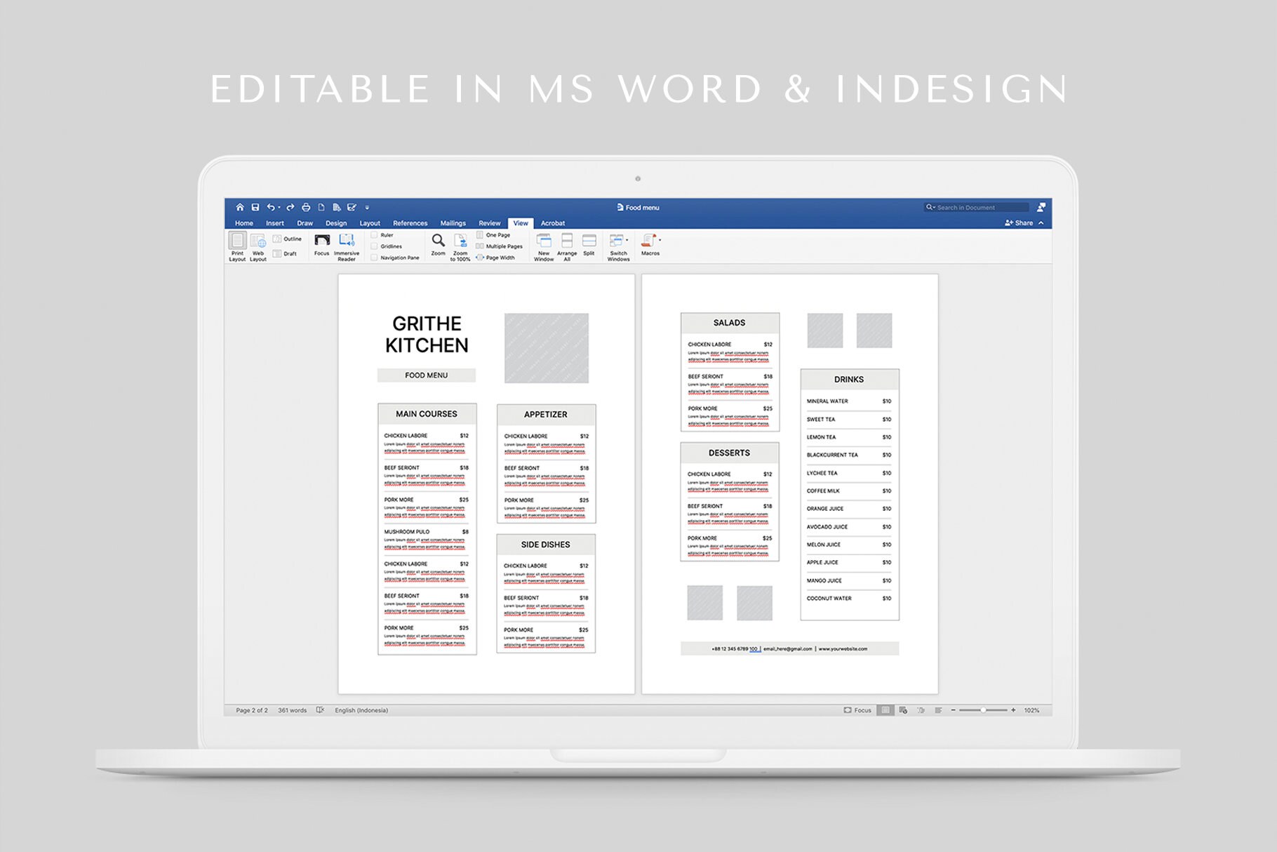 Food Menu Template Microsoft Word & Adobe Indesign Template - Etsy