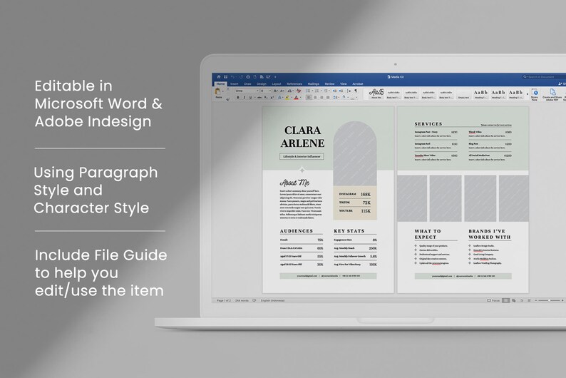 Media Kit Template MS Word & Indesign Template Instagram, Influencer, Blogger, Tiktok, Youtube ...