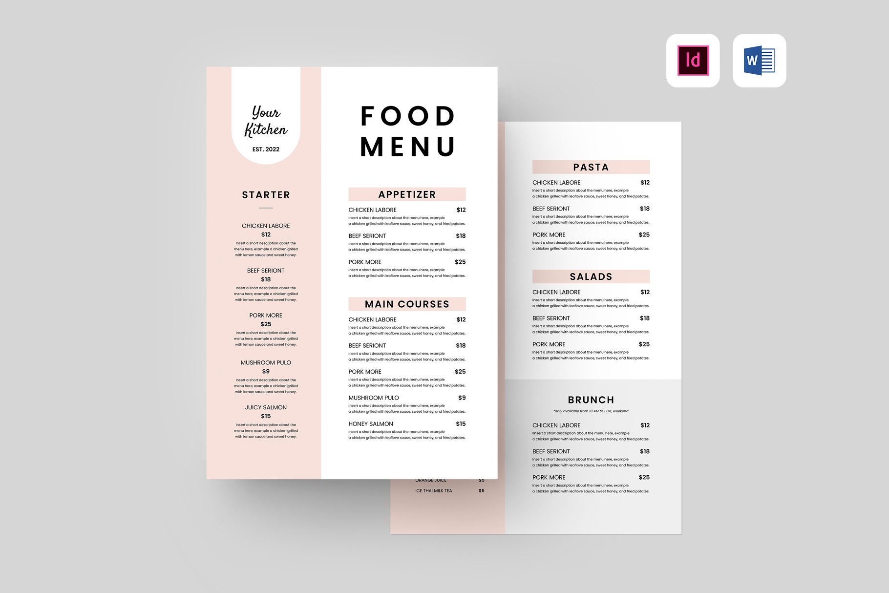 Food Menu Template MS Word Template Restaurant Food Menu - Etsy Canada