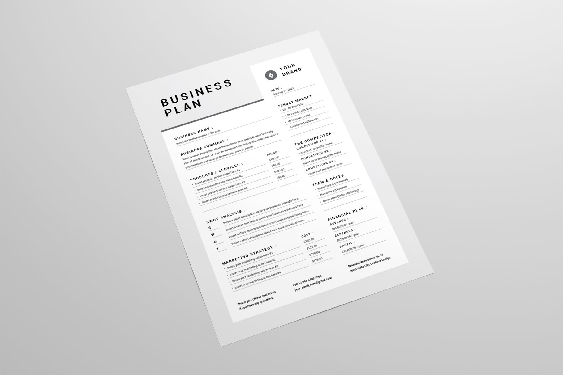 Business Plan Template MS Word Template One Page Business Plan Startup
