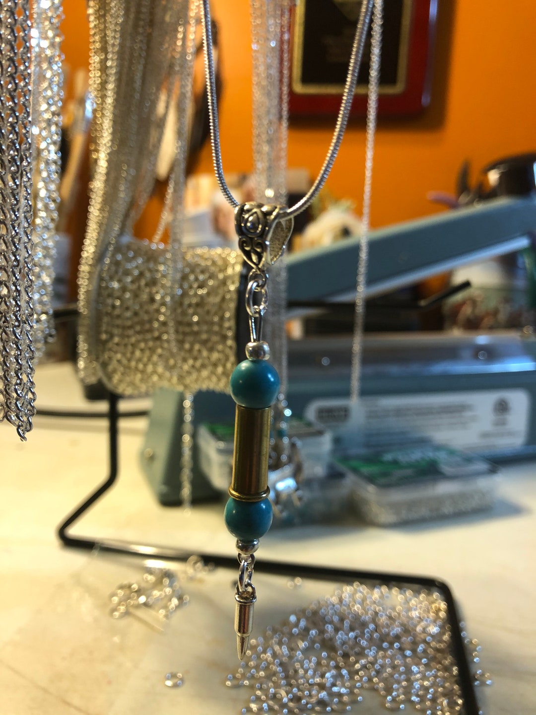 Real Brass Bullet Shell Casing Beaded Medallion Pendant 18 Snake Chain ...