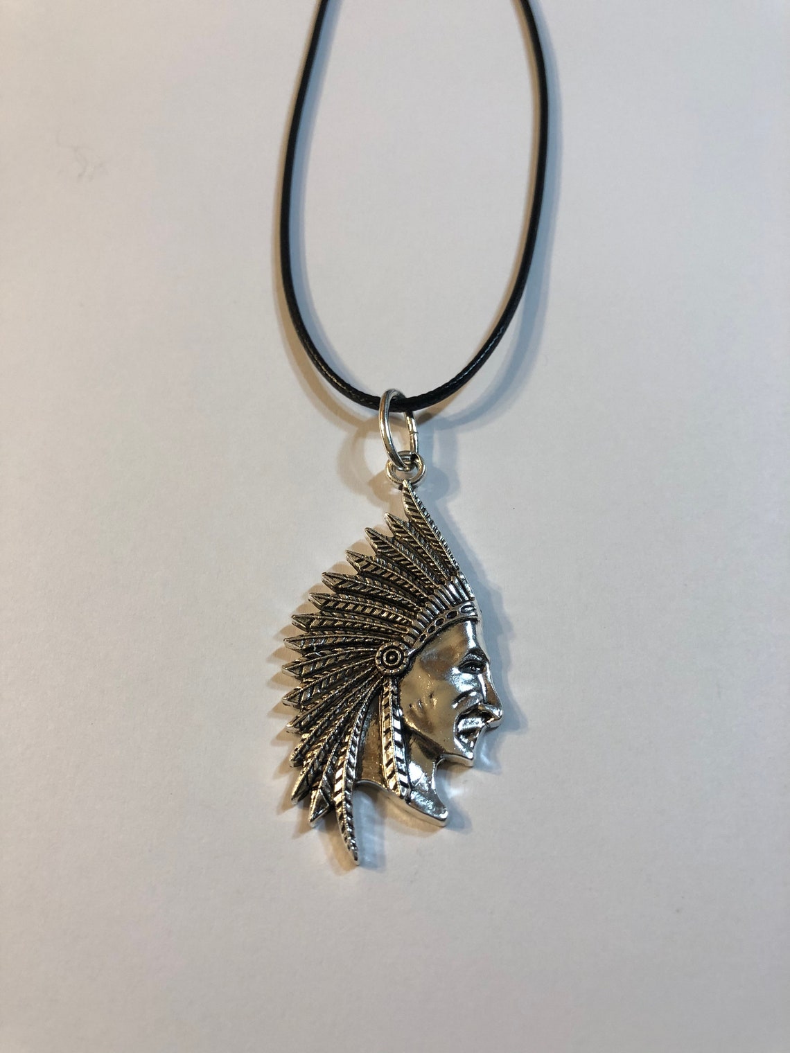 Large 2" Native American Indian Chief Headdress Pendant Silver Necklace ...