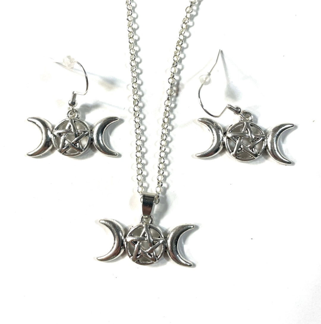 Pentagram Gothic Wicca Medallion Moons Silver Plated 1.2" Pendant 18 ...