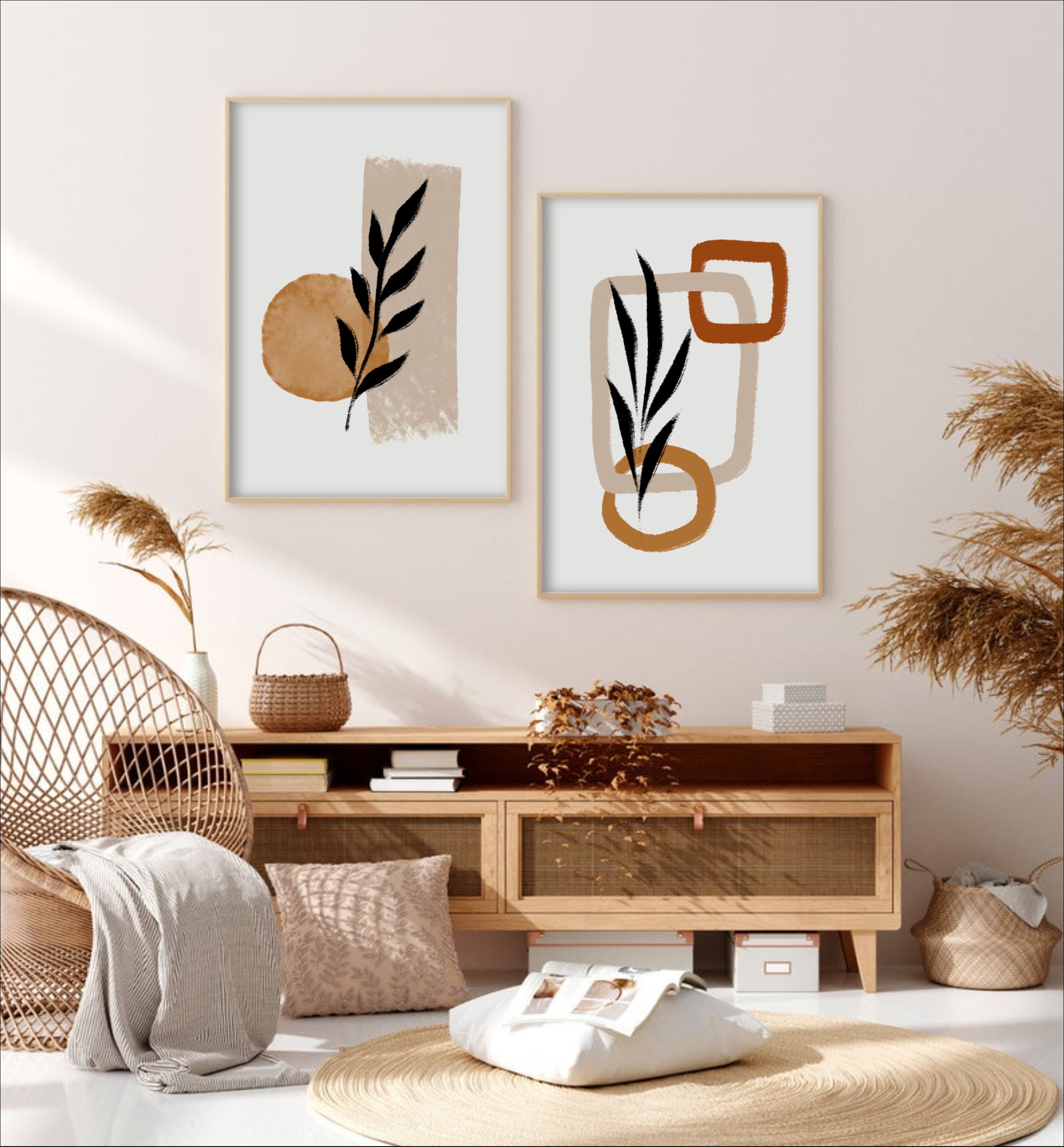 Neutral Wall Art PRINTABLE Set of 2, Abstract Botanical, Living Room ...