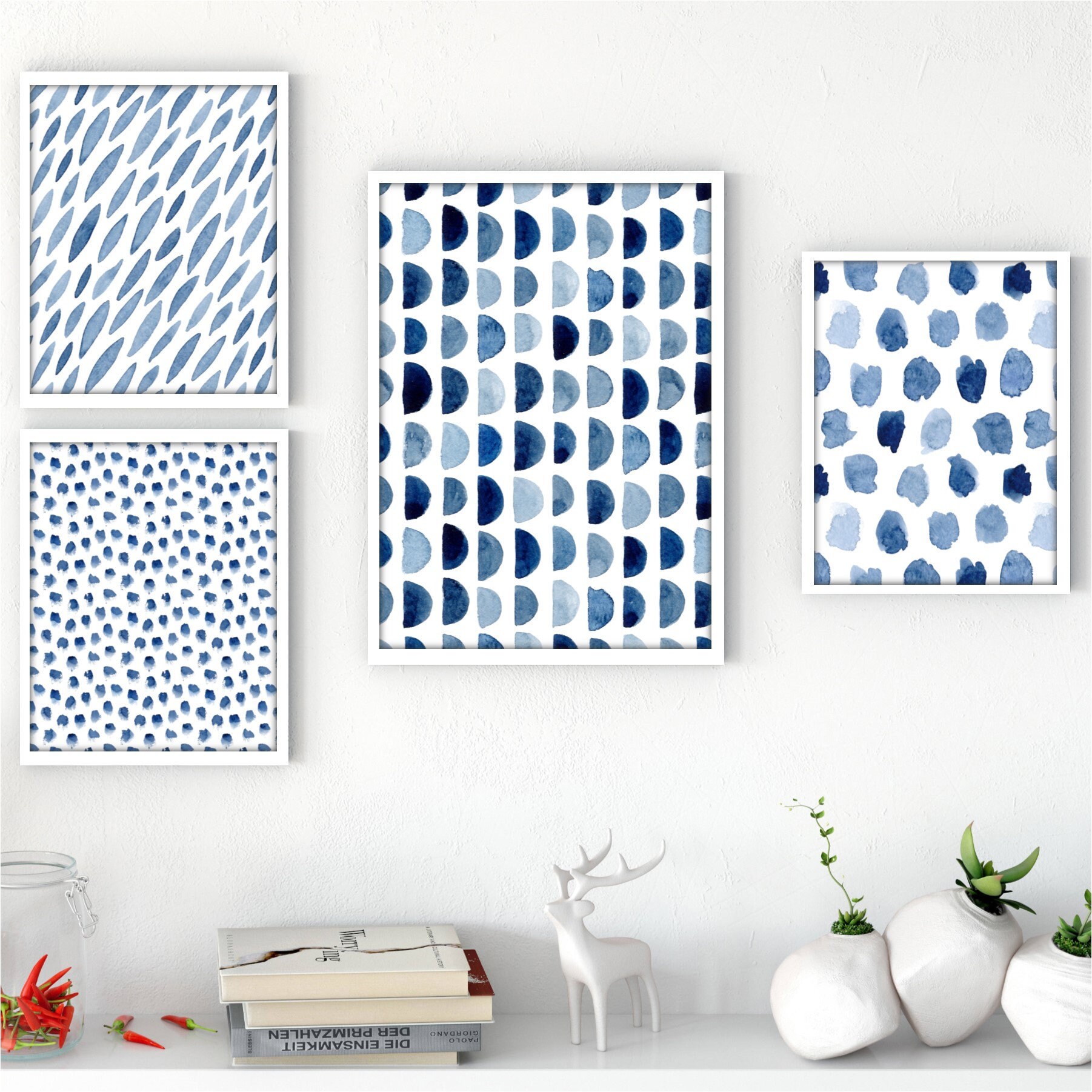 Blue Watercolor Print Set Indigo Blue Printing Coastal | Etsy