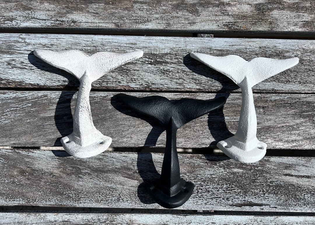 Set of 3 Cast Iron Whale Tail Wall Hooks, Beachy Hook Cute for Towels, Hats, Bags, Beach Attire ...