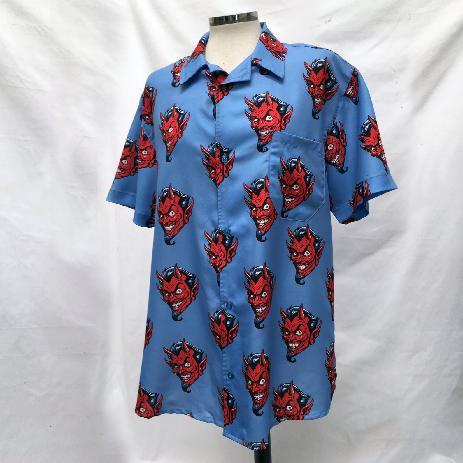 Men's Hawaiian Shirt With Harajuku Red Devils, Blue Tropical Aloha BBQ ...