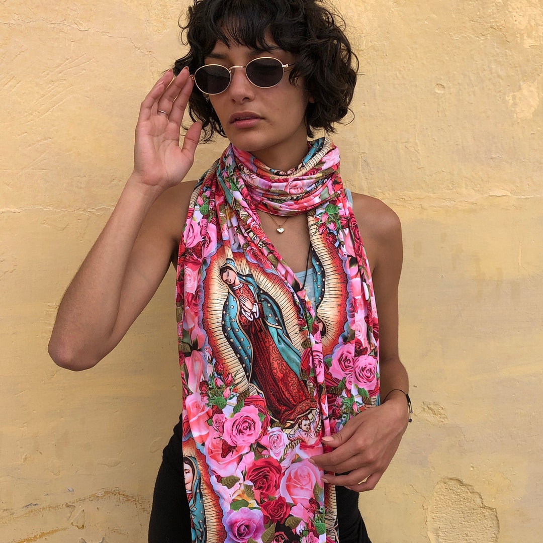 Virgin Mary Wrap Scarf, Our Lady of Guadalupe Reversible Head Wrap or ...