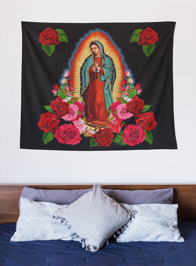 Virgin Mary Tapestry Our Lady of Guadalupe Black Fabric Wall | Etsy