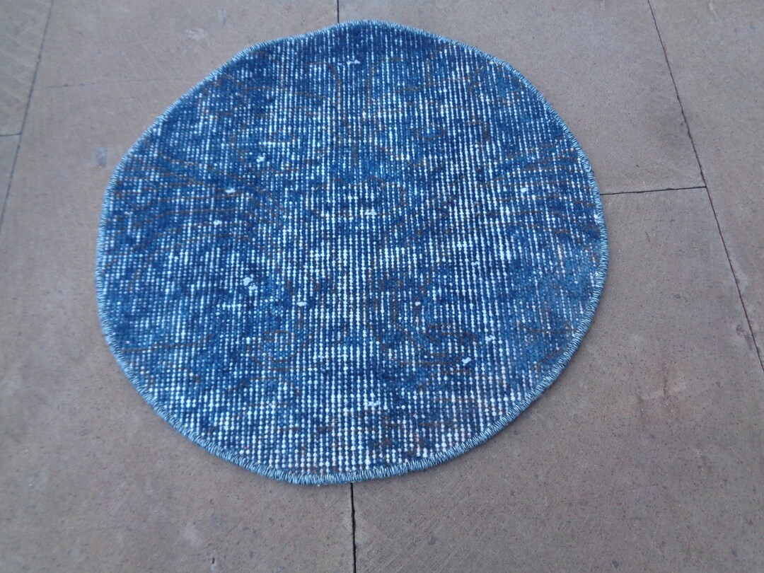 Small Blue Circle Rug, Vintage Round Rug, Low Pile Chair Cover, Hand ...
