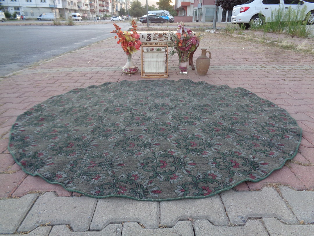 Dark Green Circle Rug, Vintage Circular Rug, Bedside Rug, Bathroom ...