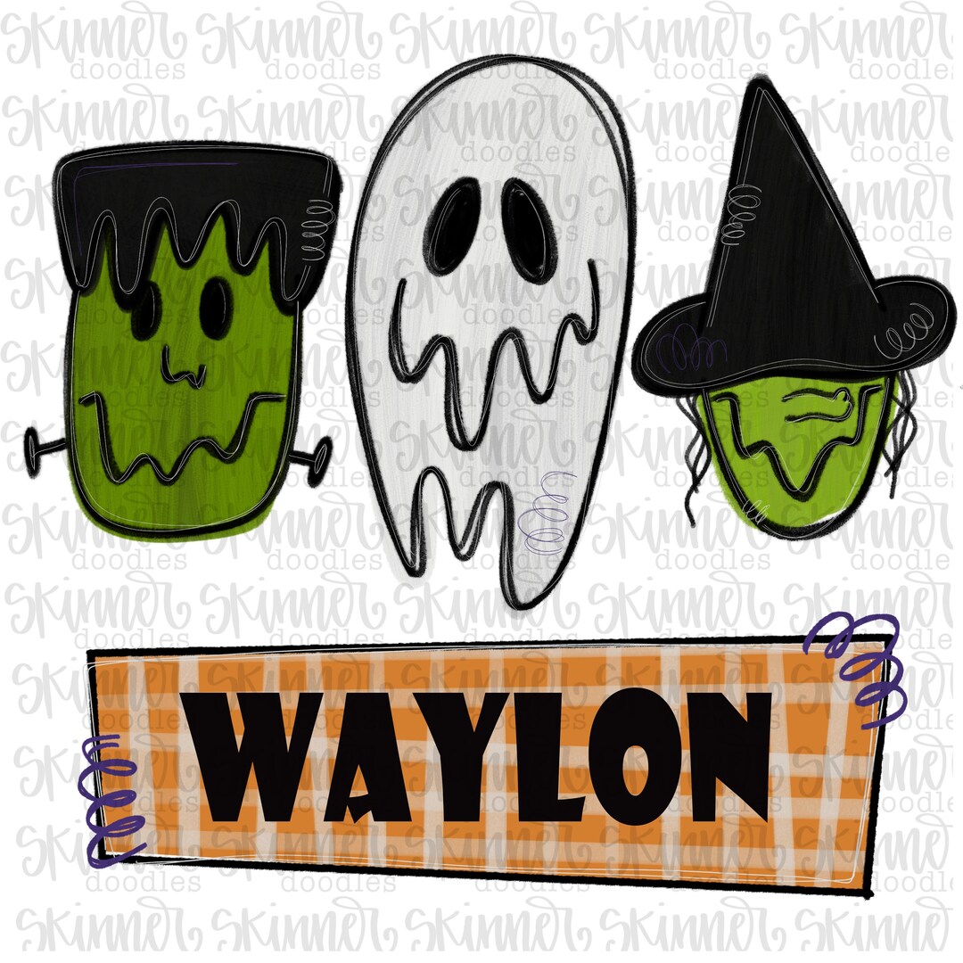 Halloween Watercolor Digital Hand Drawn Trio Frankenstein Witch Ghost ...
