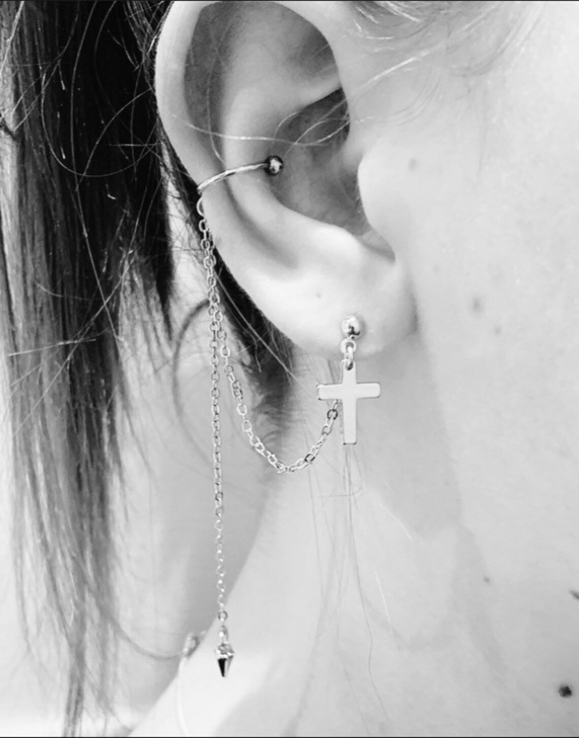Silver Cross Earring With Ear Cuff and Chain - Etsy UK
