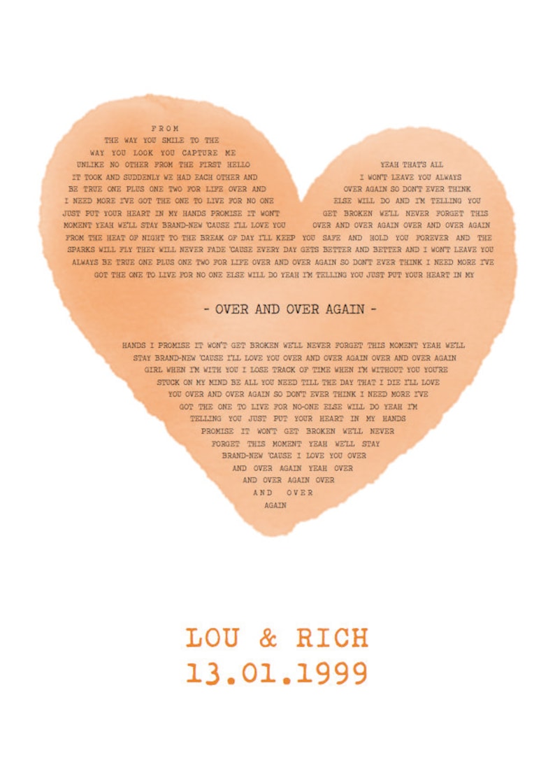 Personalised Song Words Heart Lyrics Print Coloured Heart | Etsy