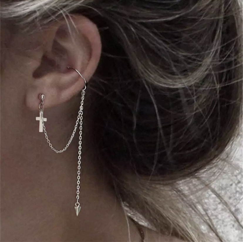 Silver Cross Earring With Ear Cuff and Chain - Etsy UK