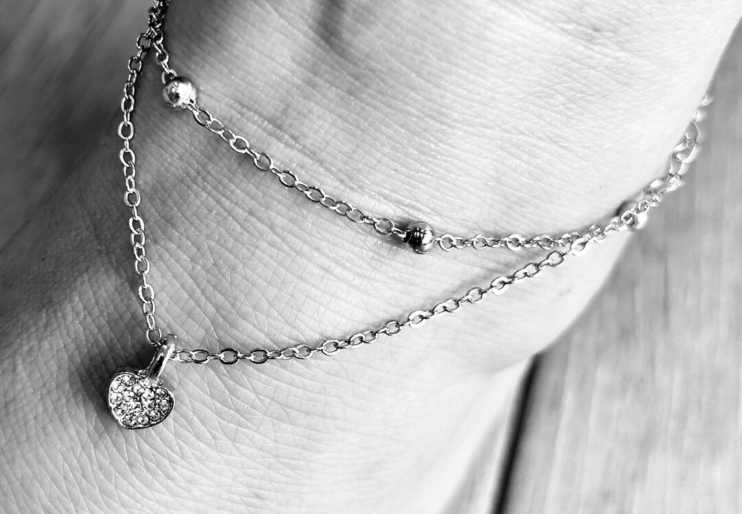 Silver Anklet Double Silver Ankle Chain Heart Ankle Bracelet Festival ...