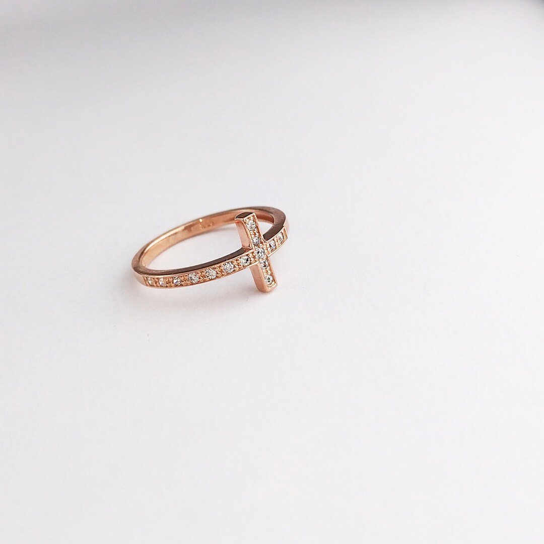 Sideways Cross Ring in 9K/14K/18K Gold, Minimalist Diamond Ring, Silver ...