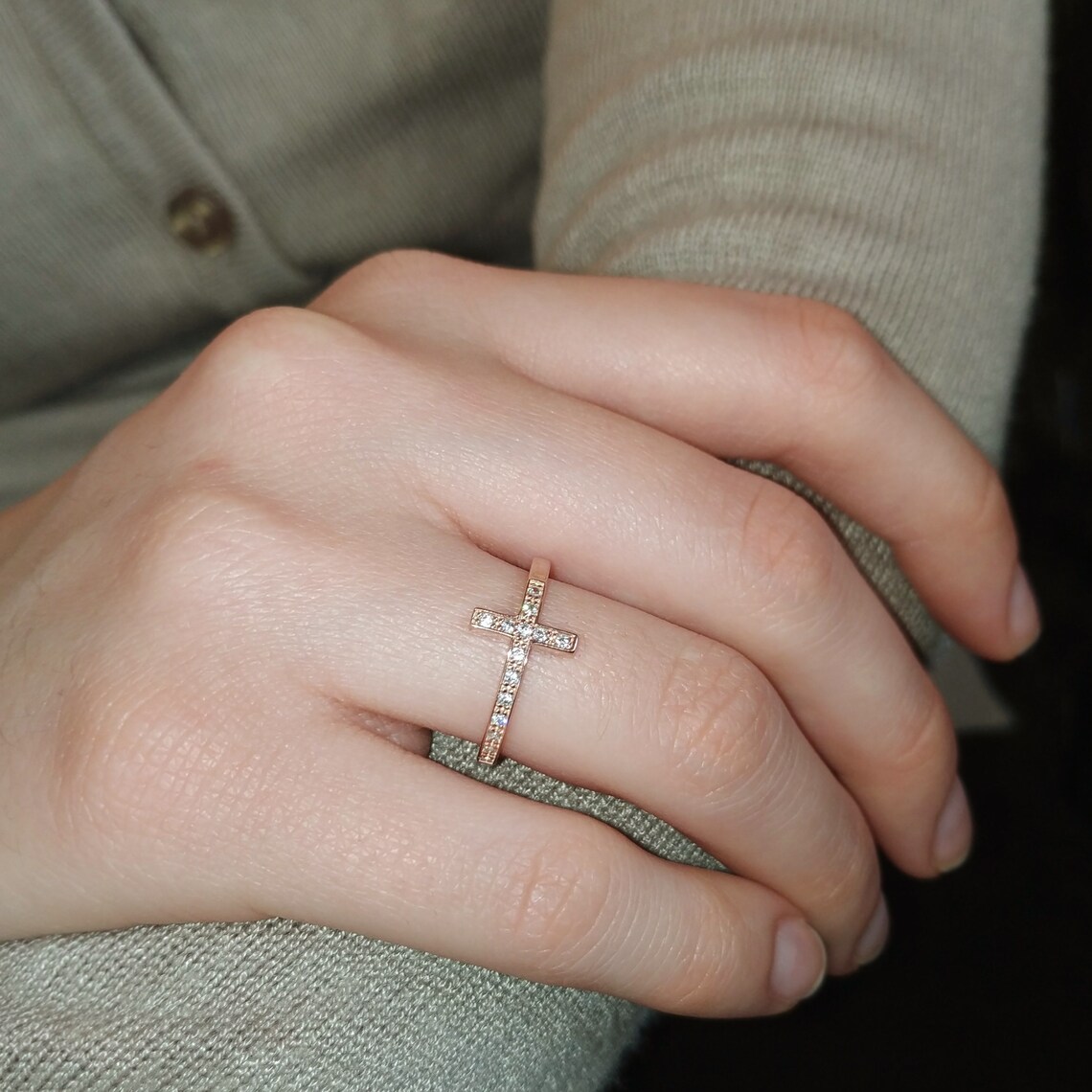 Sideways Cross Ring in 9K/14K/18K Gold Minimalist Diamond - Etsy