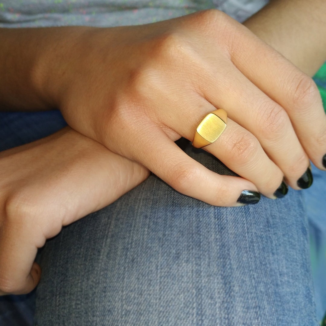 Square Signet Ring for Women, 14K Gold Pinky Ring, Custom Monogram ...
