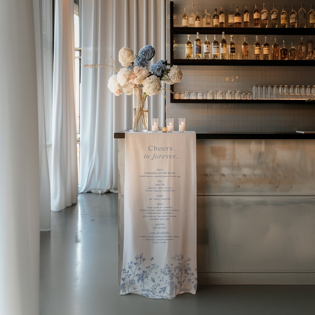 Blue & White Chinoiserie Bar Drinks Menus in Linen Fabric for Weddings ...