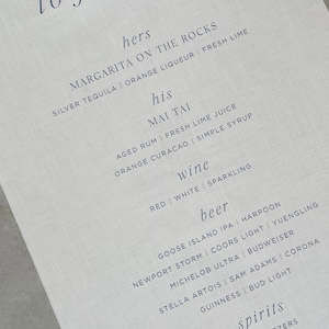 Blue & White Chinoiserie Bar Drinks Menus in Linen Fabric for Weddings ...