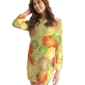 Women's Long Sleeve Chiffon Dress Citrus Explosion - Lime, Blood Orange ...