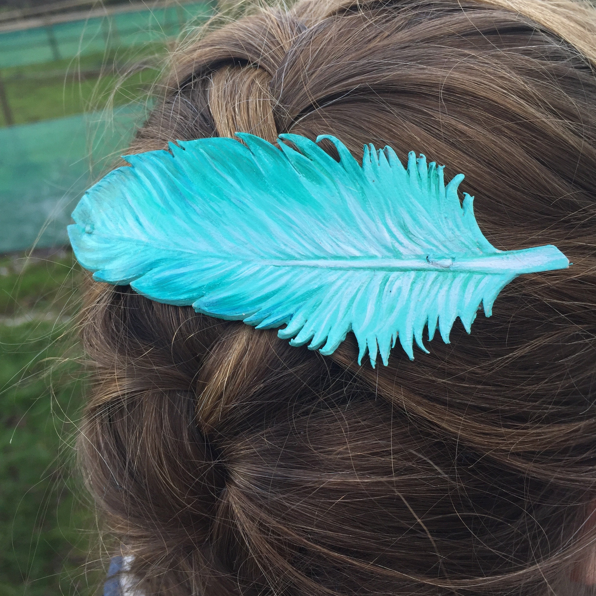 Leather Feather Hair Barrette, Hand Painted Realistic Hair Clip Feather ...