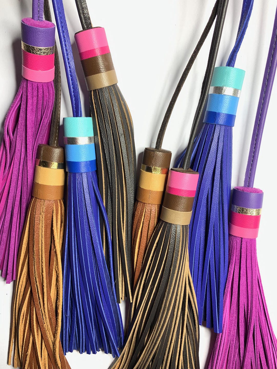Double Leather Bag Tassel With Banded Top Detail, Multi-coloured Stripe ...