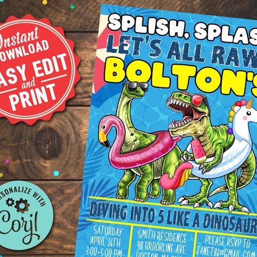 Pool Party T Rex Dinosaur Birthday Party Invitation Boys DIY - Etsy