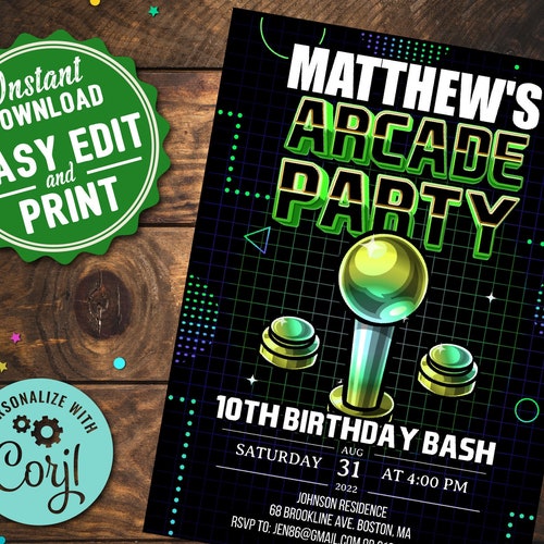 Arcade Party Invitation Printable. Editable PDF. Instant - Etsy
