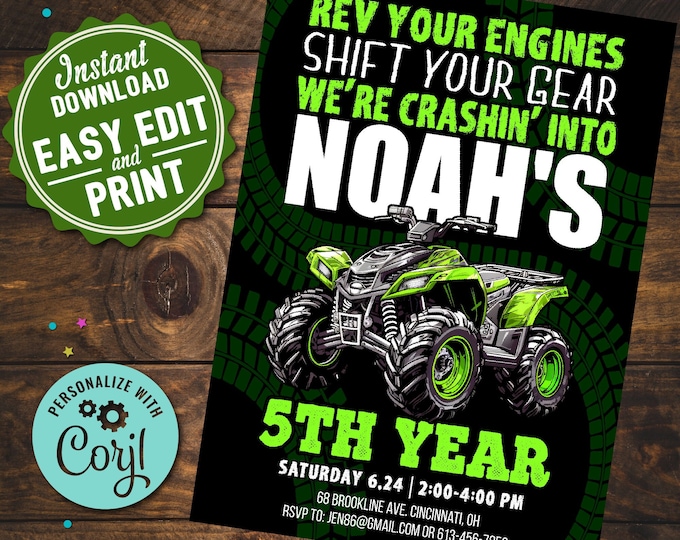 4 Wheeler Quad ATV Birthday Party Invitation Boys DIY Printable ...