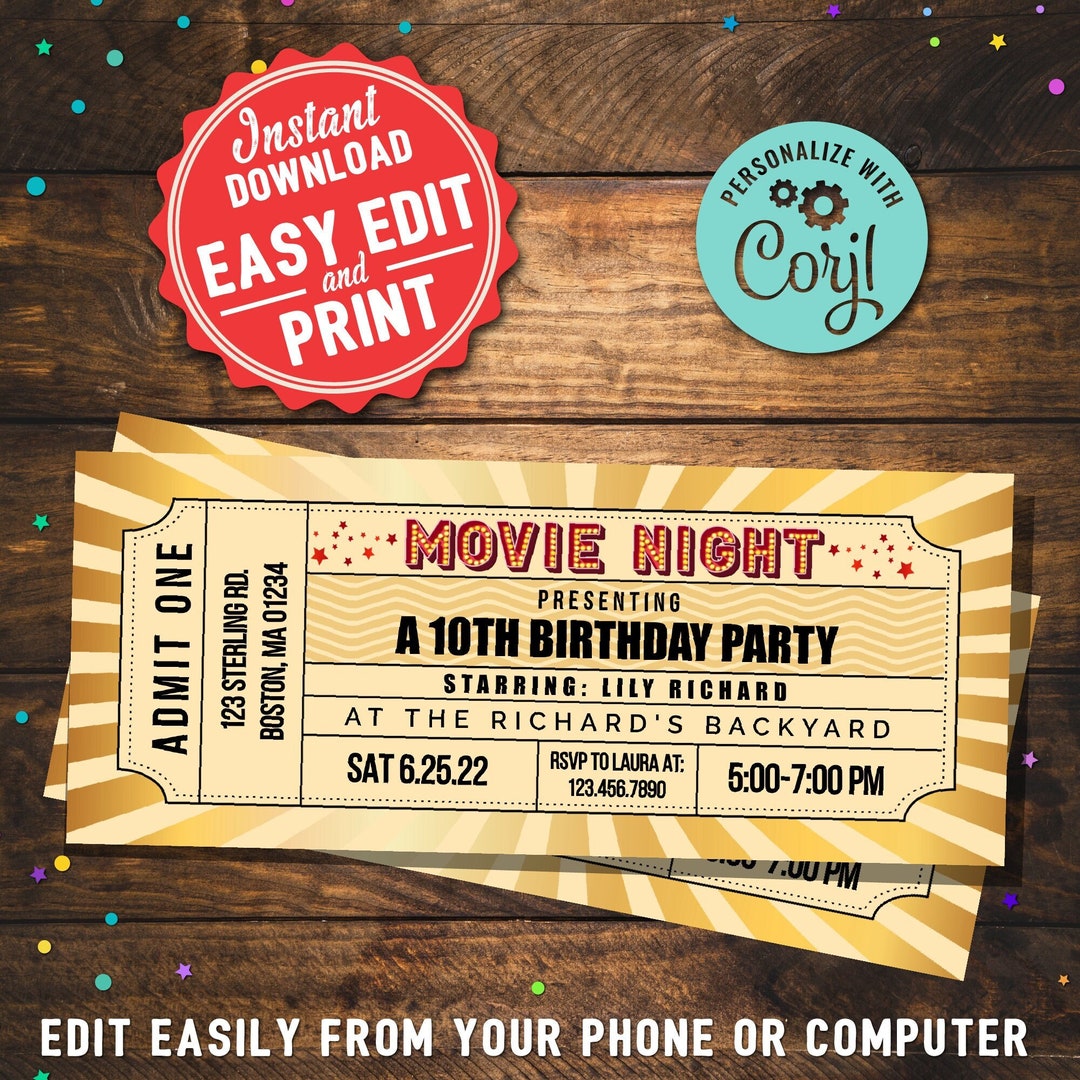 Movie Ticket Birthday Party Invitation Boys Girls Printable Editable ...