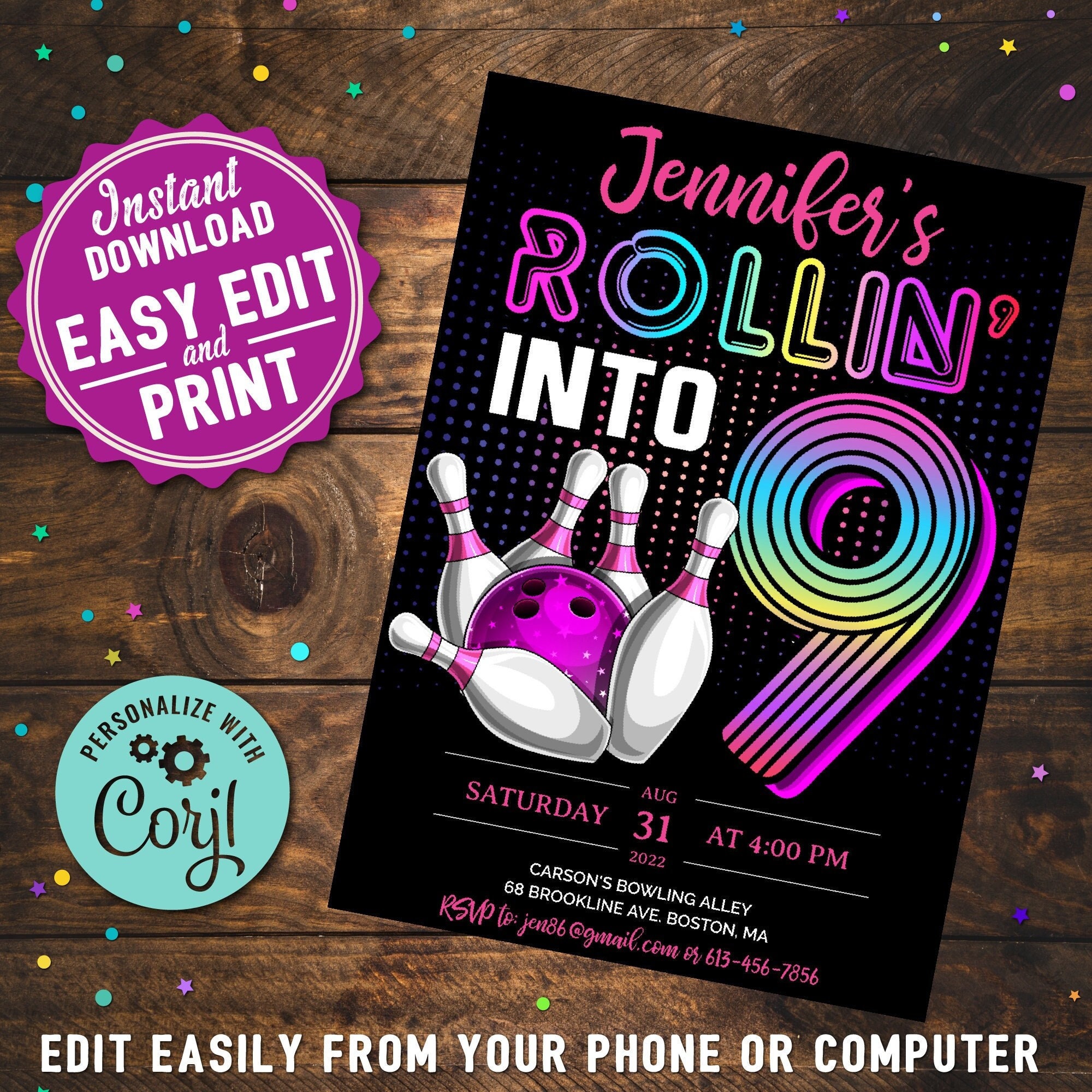Printable Girls Bowling Party Invitations