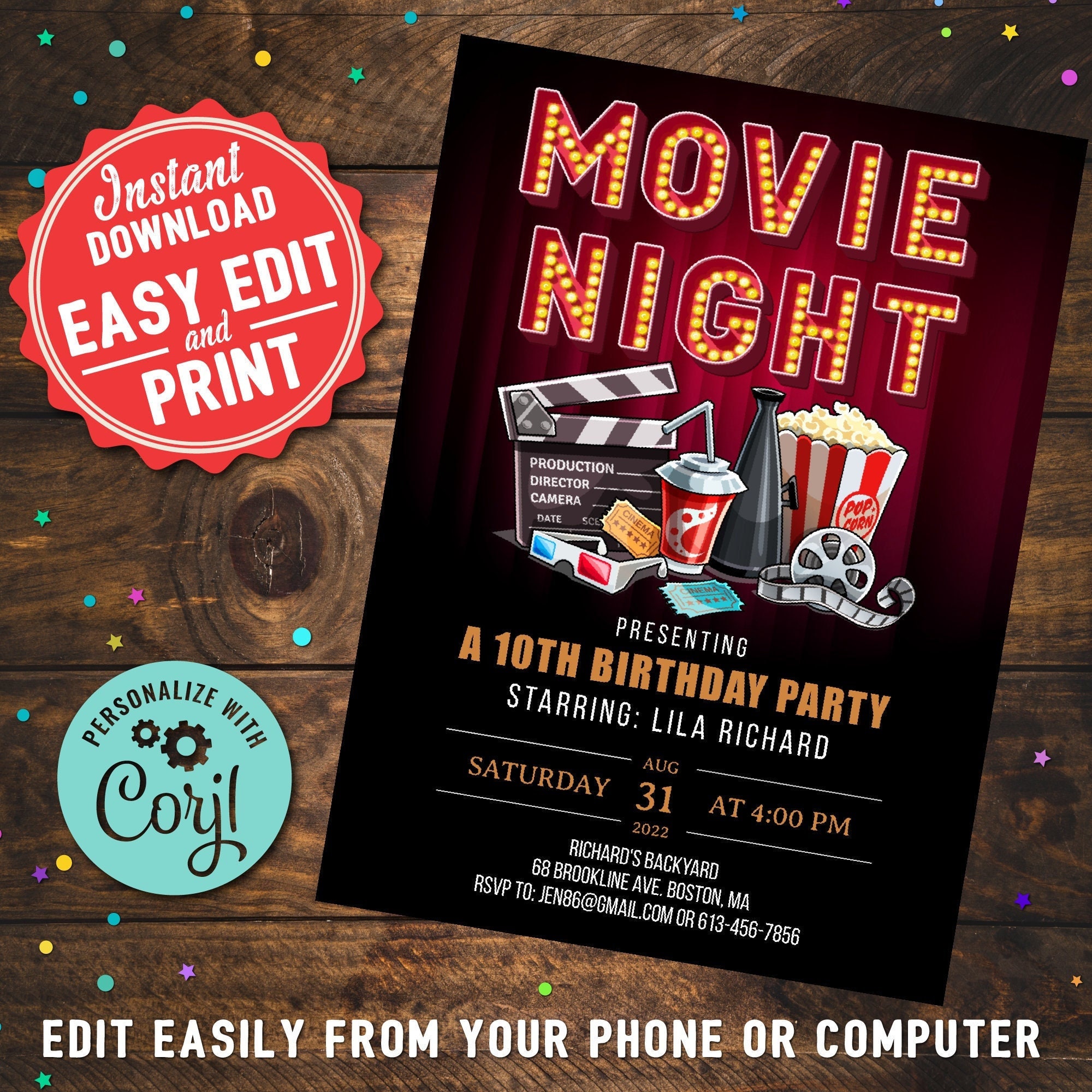 Backyard Movie Night Birthday Party Invitation Kids Printable - Etsy