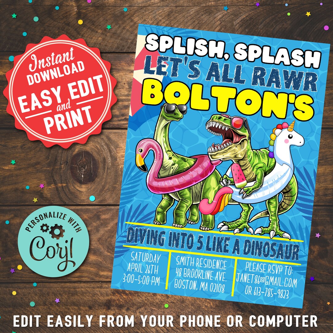 Pool Party T Rex Dinosaur Birthday Party Invitation Boys DIY Printable ...