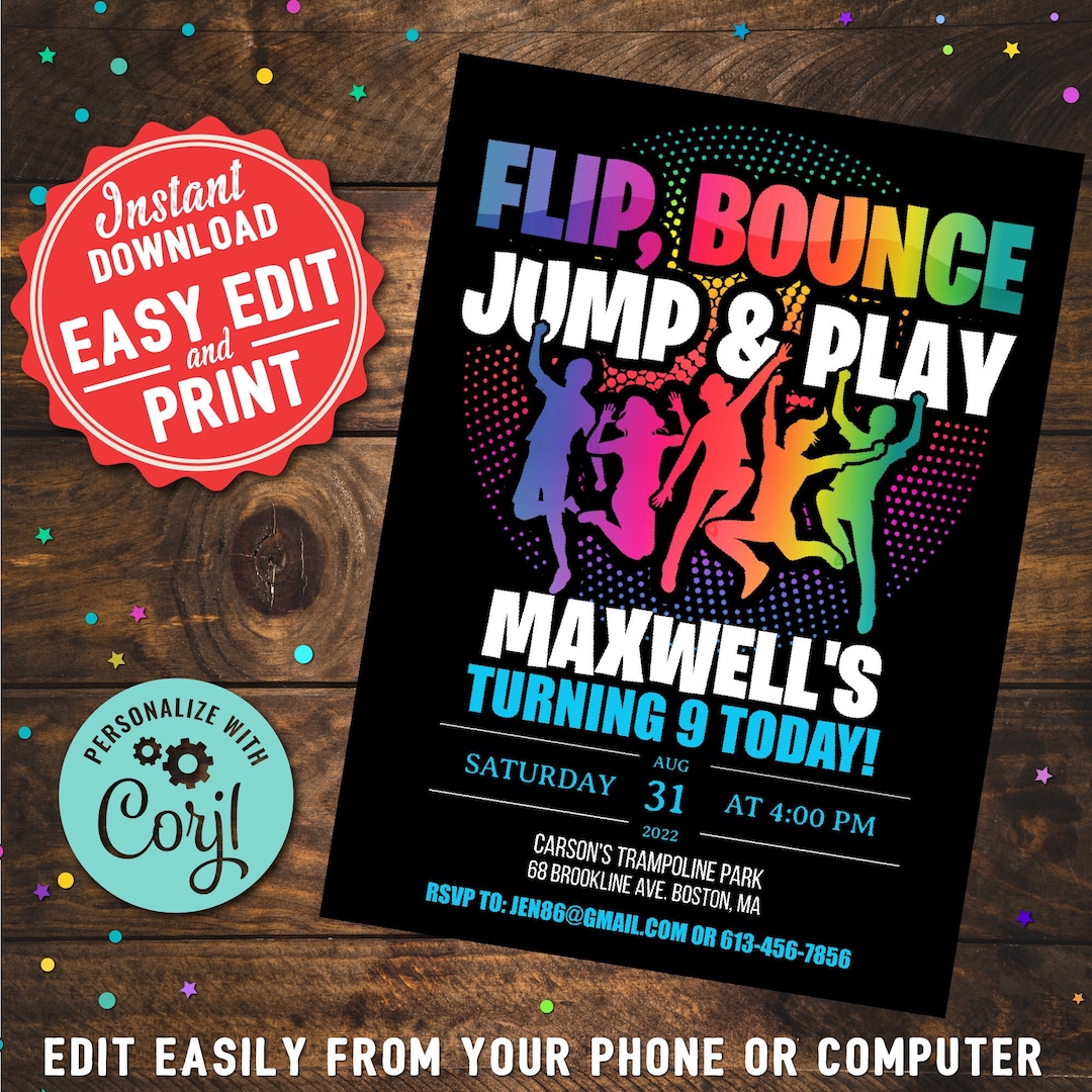 Trampoline Birthday Party Invitation: Editable Bounce Theme (digital ...